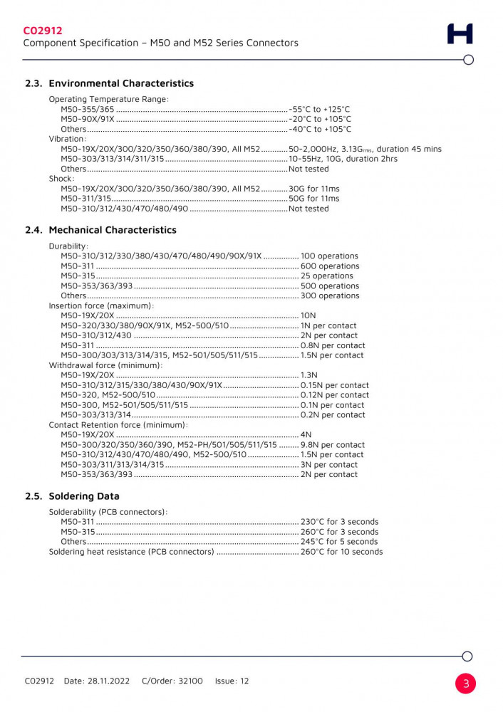 Harwin M50 and M52 Series specification page 3