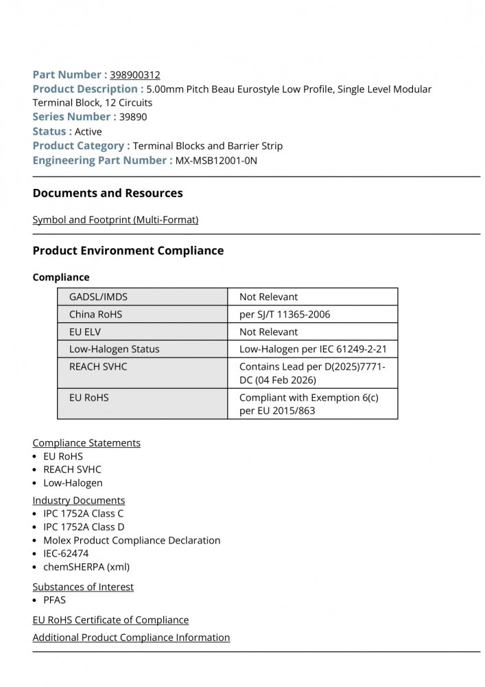 Technical document page 1 for Molex 398900312