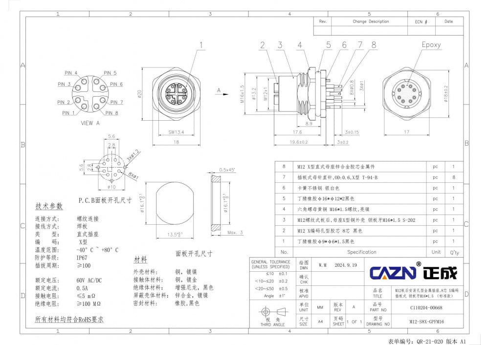 CAZN M12-S8X-GPFM16-JD technical drawing