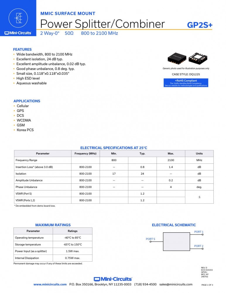 GP2S+ technical datasheet page 1