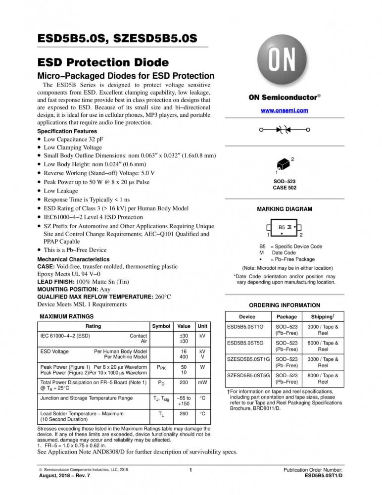 SZESD5B5.0ST1G datasheet page 1