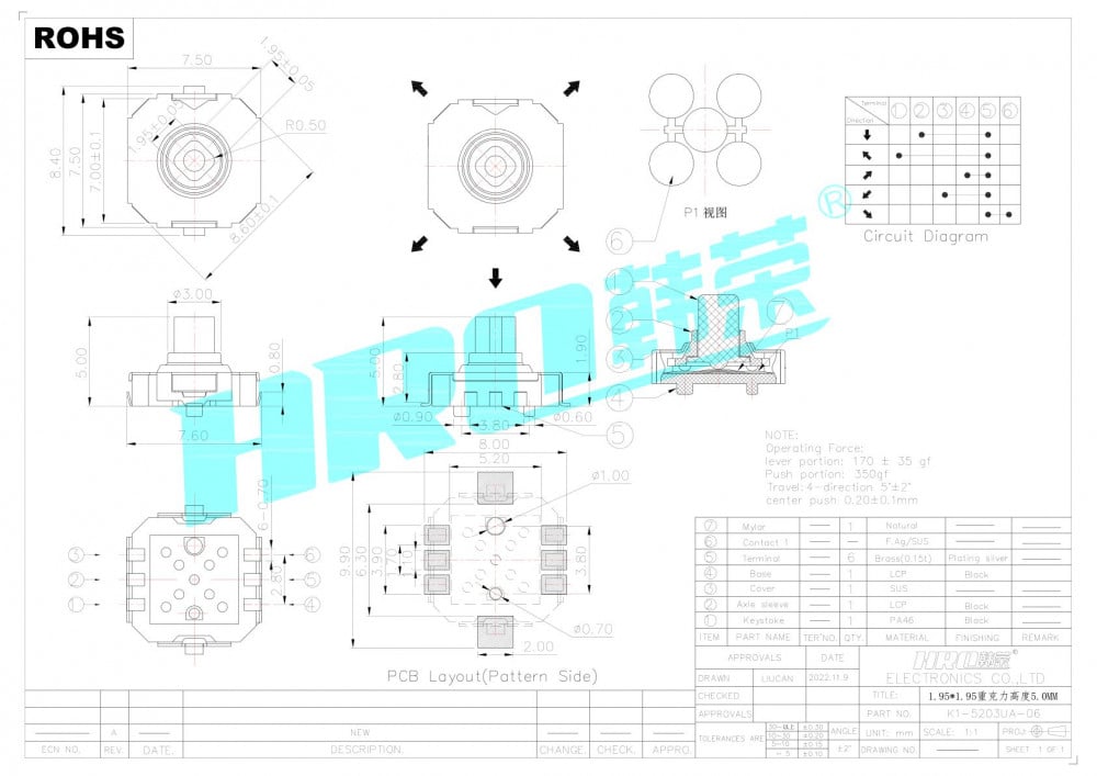 K1-5203UA-06 mechanical drawing and bill of materials