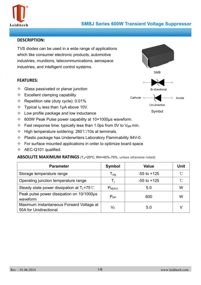 SMBJ TVS datasheet page 1