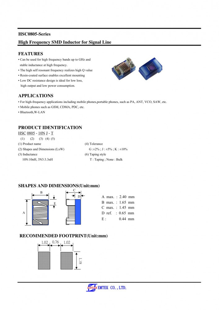 EMTEK HSC0805 series datasheet page 1