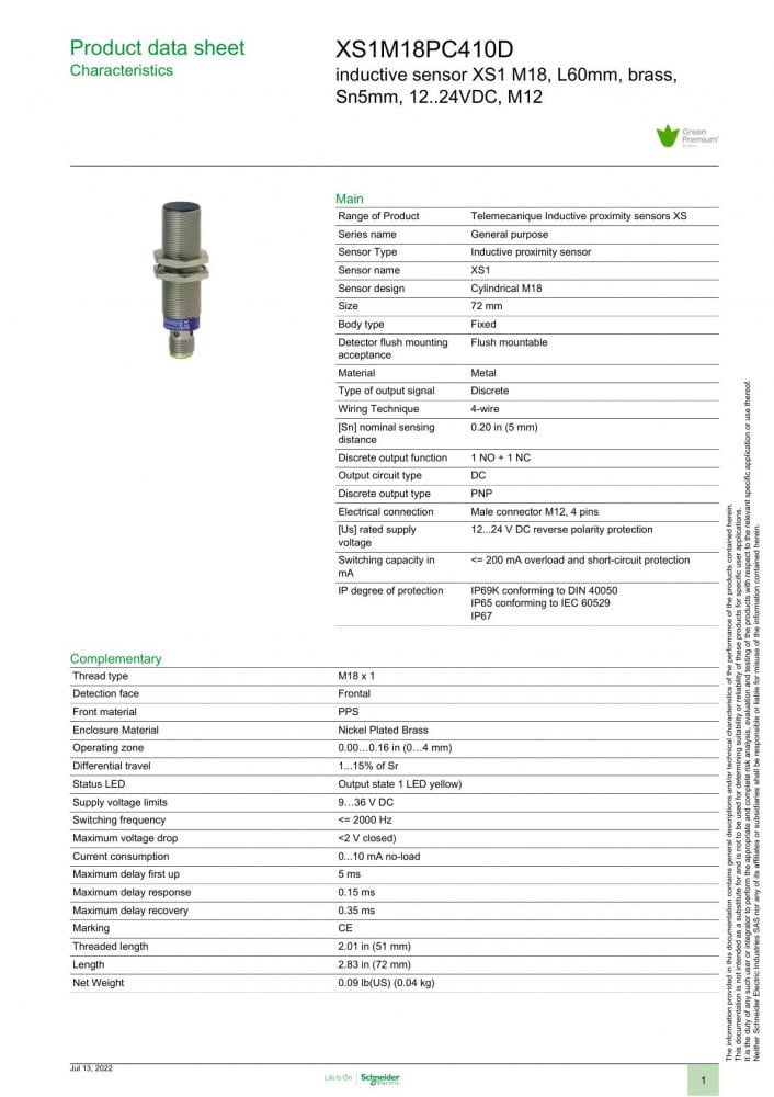 XS1M18PC410D technical document page 1