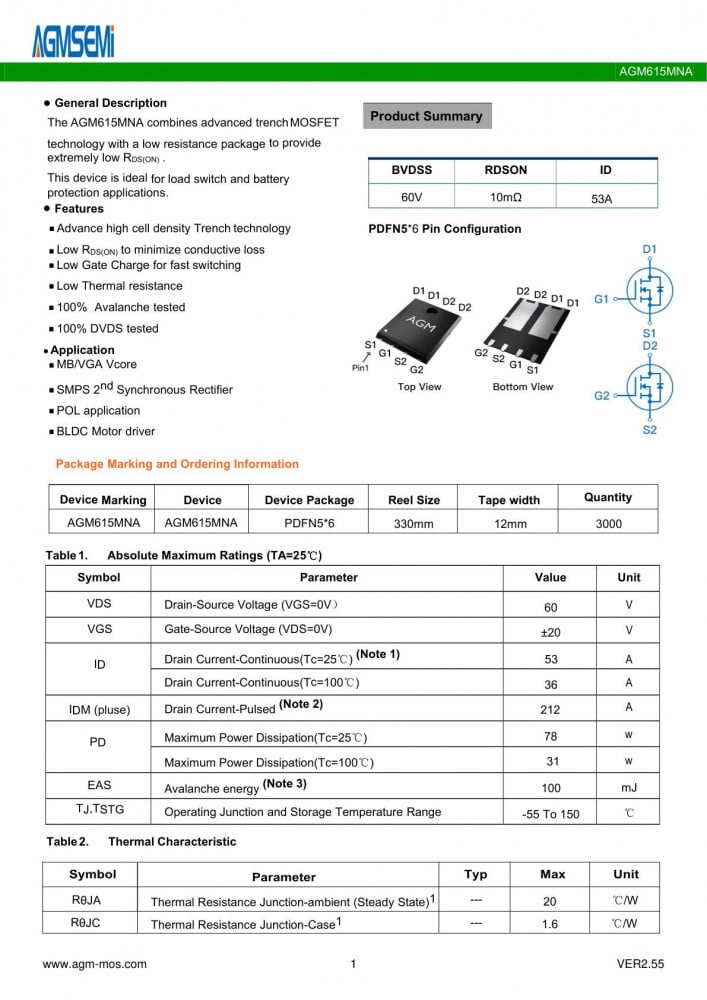 AGM615MNA datasheet page 1
