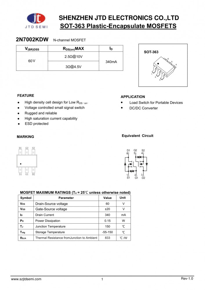JTD2N7002KDW datasheet page 1