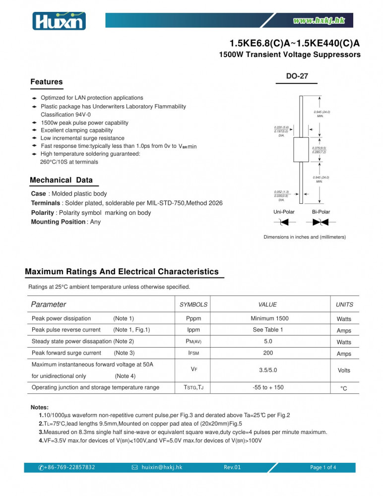 Huixin 1.5KE series datasheet page 1