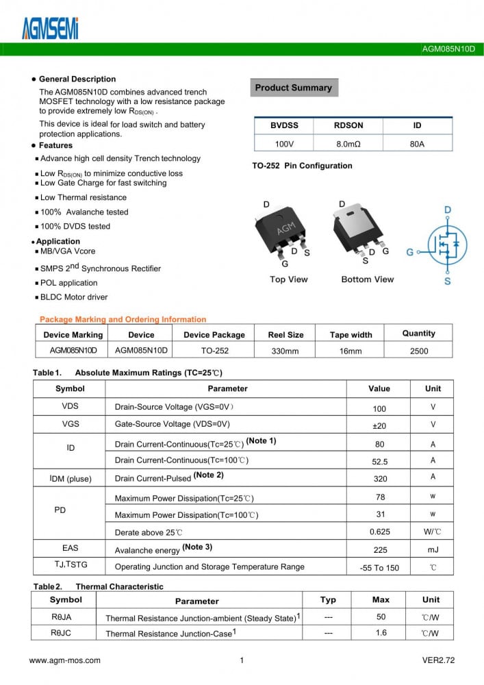 AGM085N10D datasheet page 1