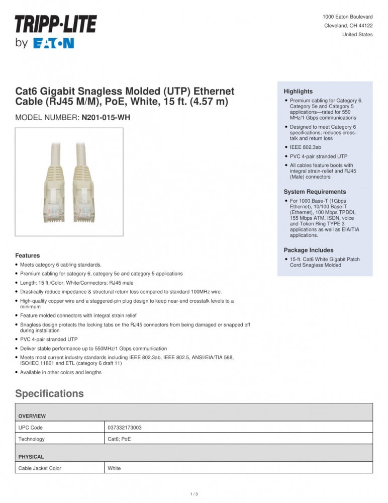 N201-015-WH technical document page 1