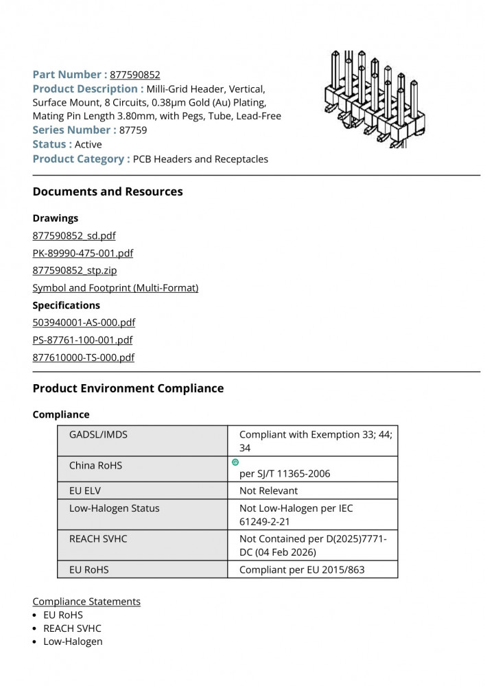 MOLEX 877590852 technical document image, page 1