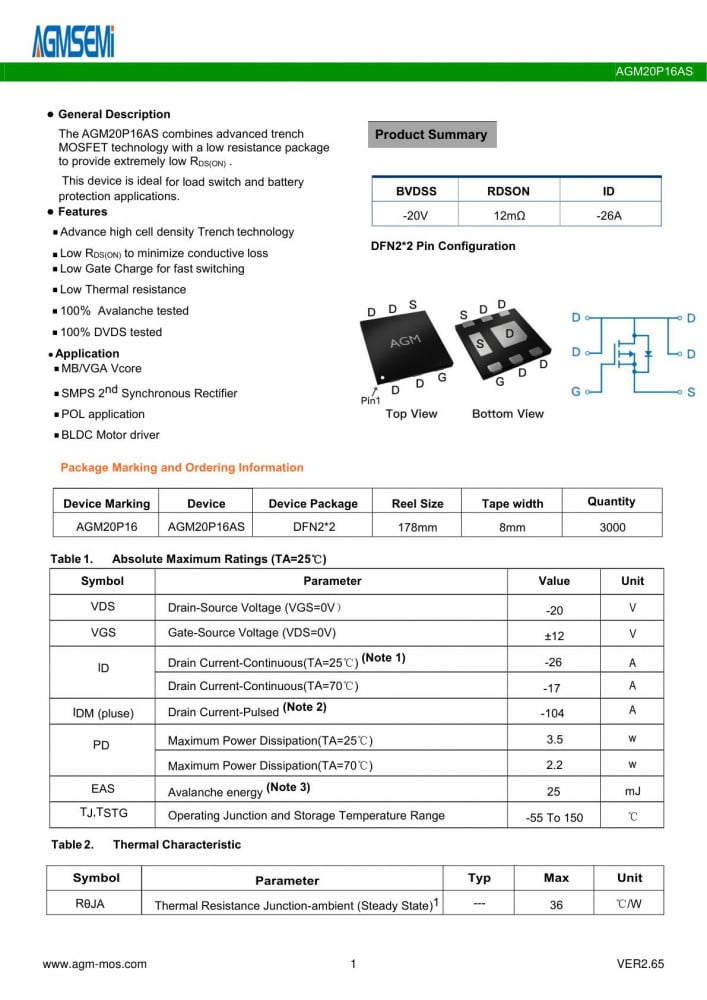 AGM20P16AS datasheet page 1