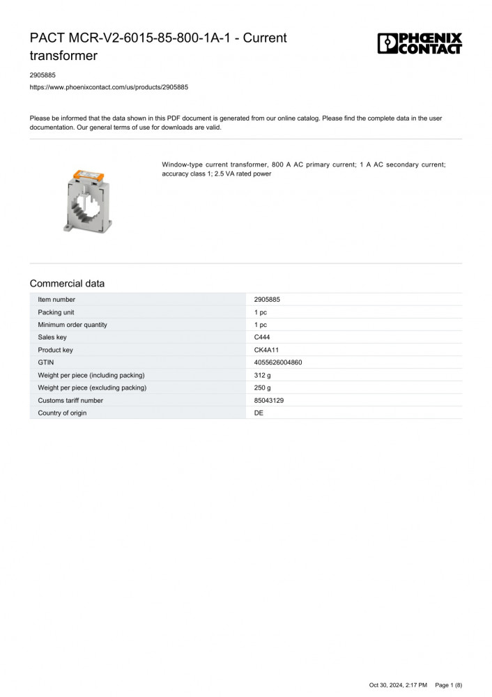 Phoenix Contact 2905885 technical document page 1