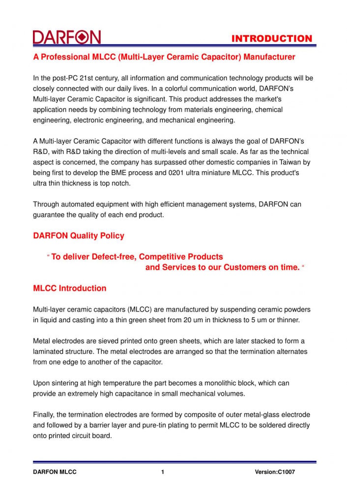 Darfon MLCC datasheet page 1