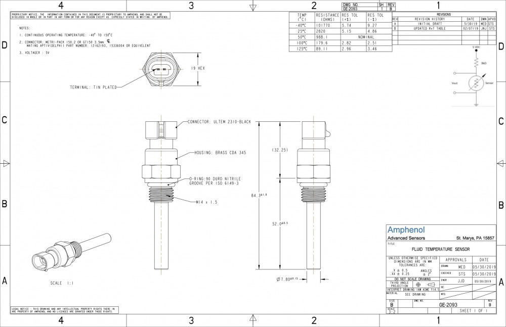 GE-2093 fluid temperature sensor drawing page