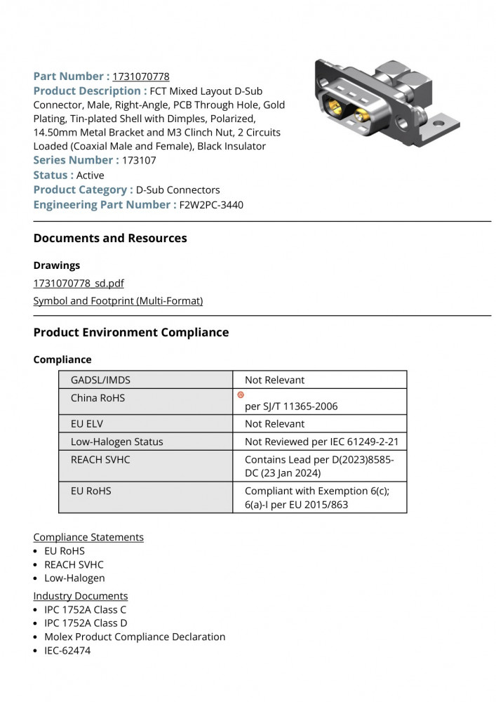 MOLEX 1731070778 technical document page 1
