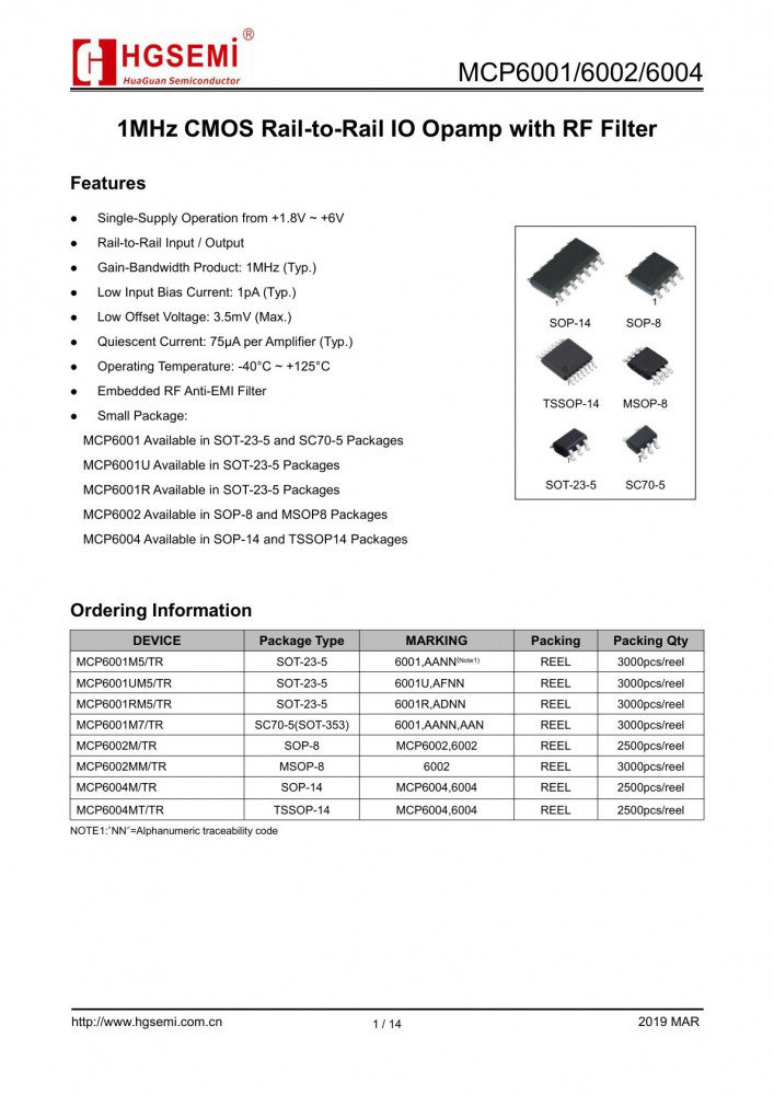 MCP6001M5/TR datasheet page 1