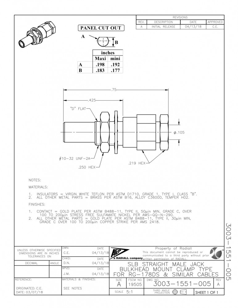 Radiall 3003-1551-005 product drawing preview