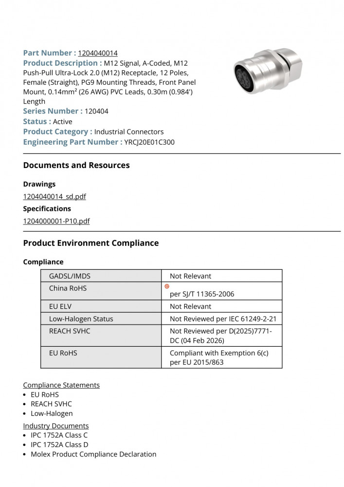 Molex Ultra-Lock M12 product specification page 1