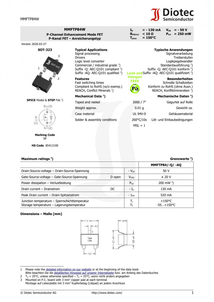 DIOTEC MMFTP84W datasheet page 1