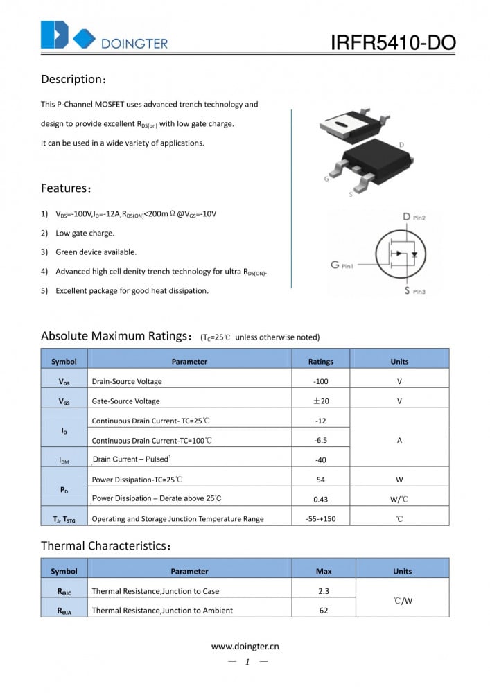 IRFR5410-DO datasheet page 1