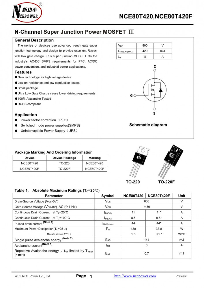NCE80T420 datasheet page 1
