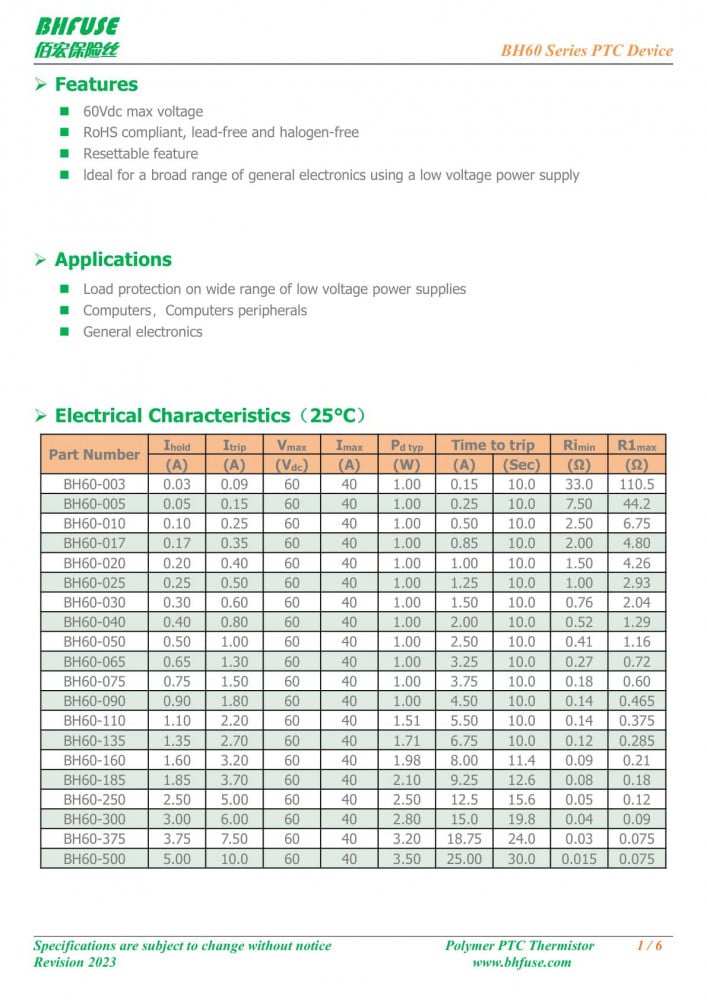 BHFUSE BH60 series datasheet page 1