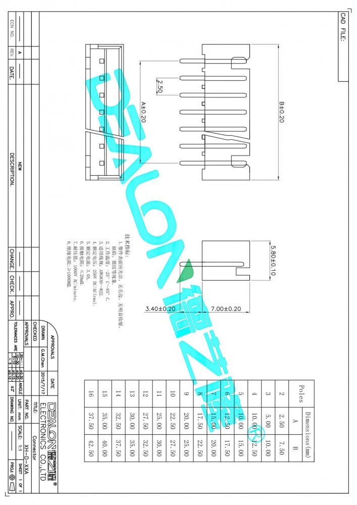 DEALON XH-D-7A connector drawing preview