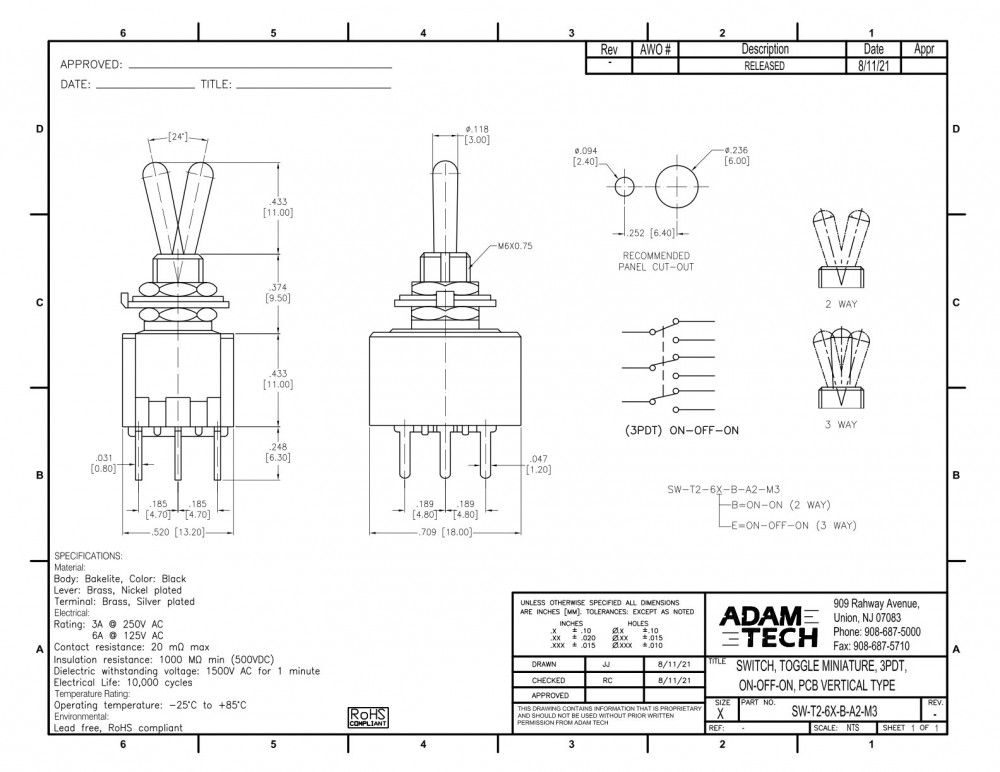 ADAM TECH toggle switch technical drawing preview