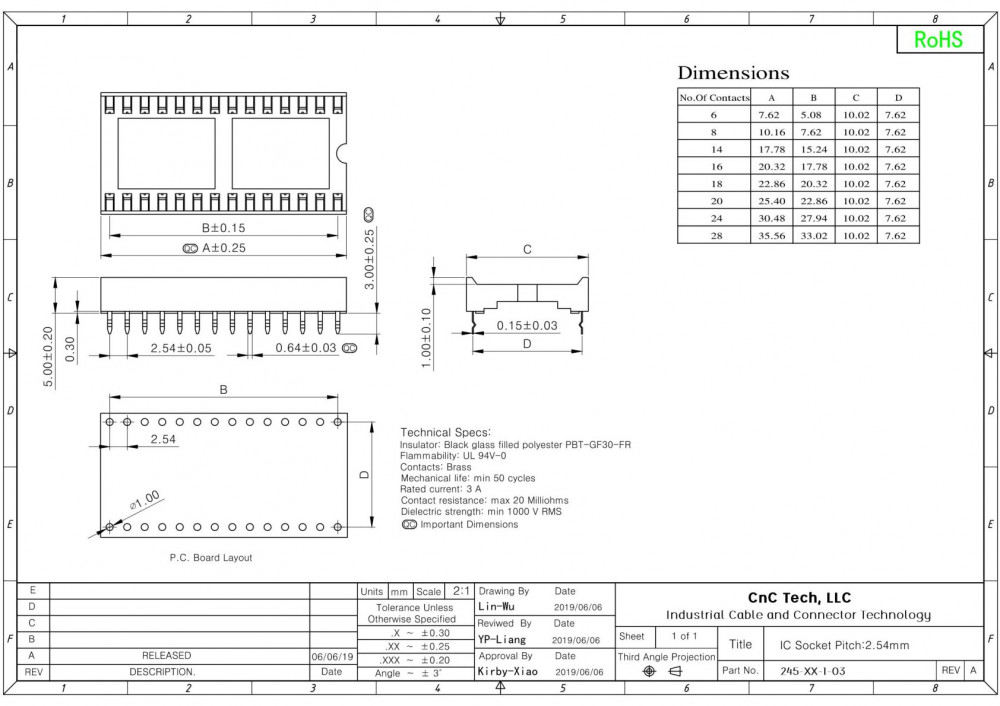 245-08-1-03 IC socket technical drawing and PCB layout