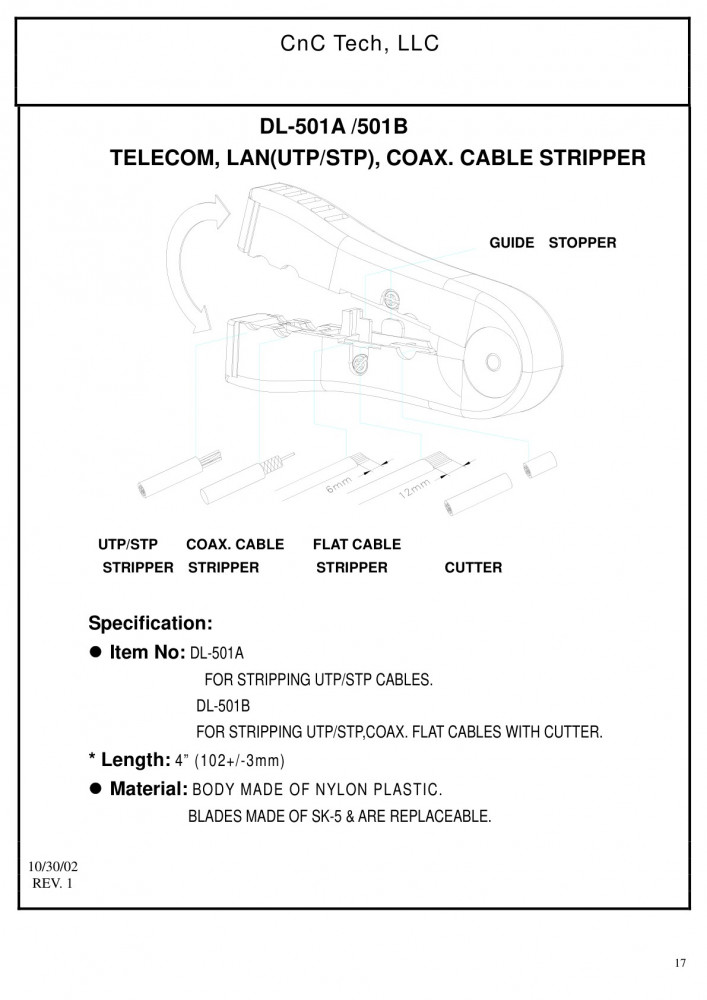 CNC Tech DL-501A and DL-501B cable stripper specification sheet