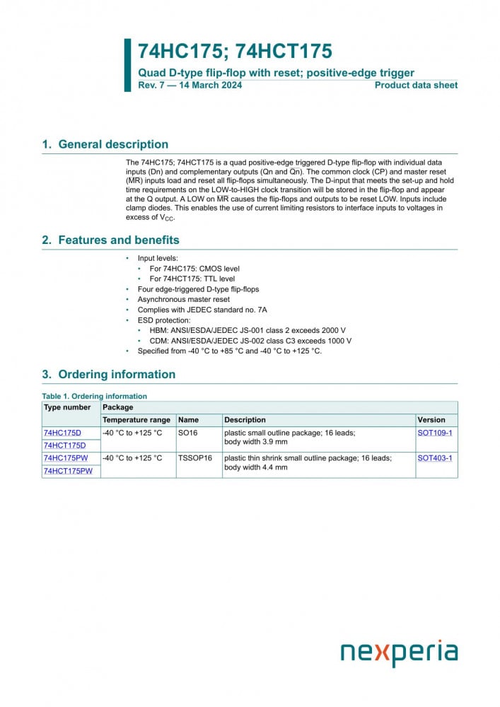74HC175 datasheet page 1