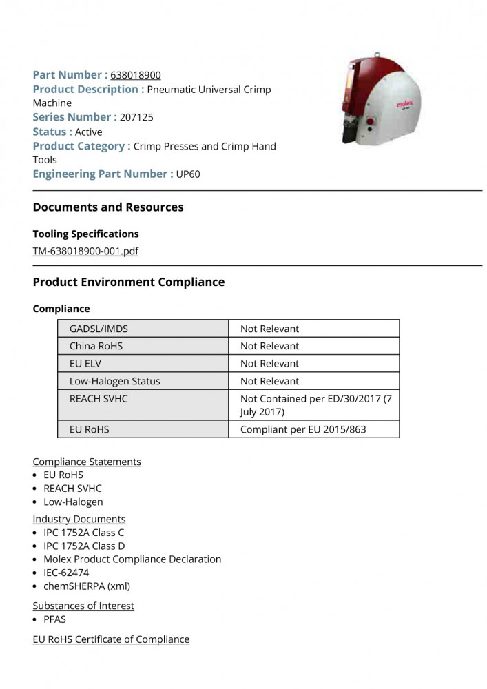 Tooling specification preview, page 1