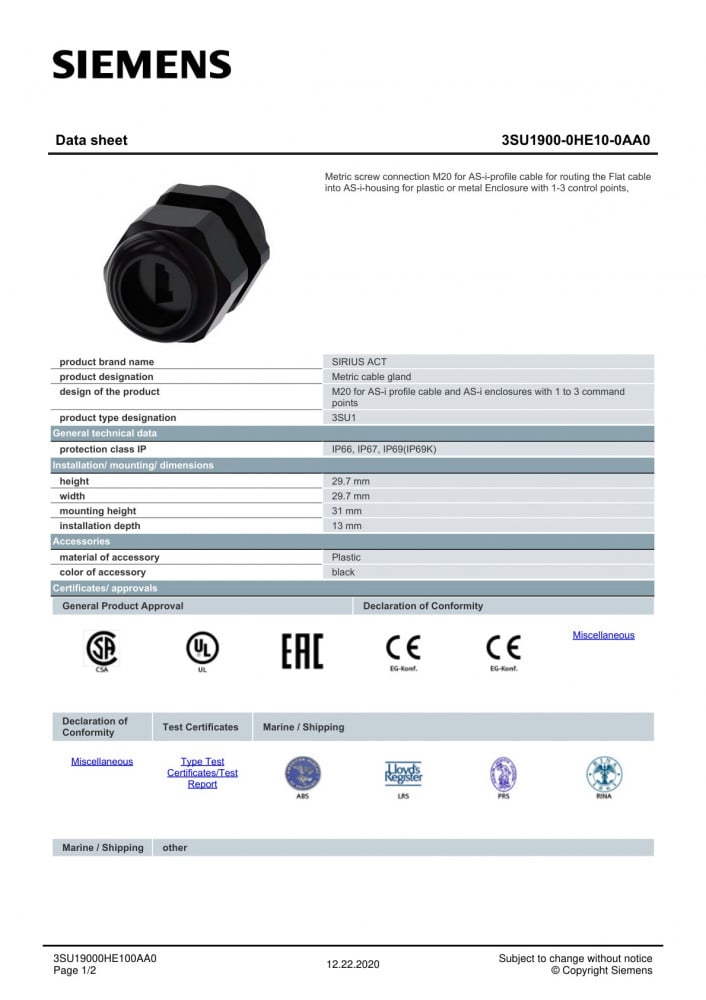 SIEMENS 3SU19000HE100AA0 datasheet page 1