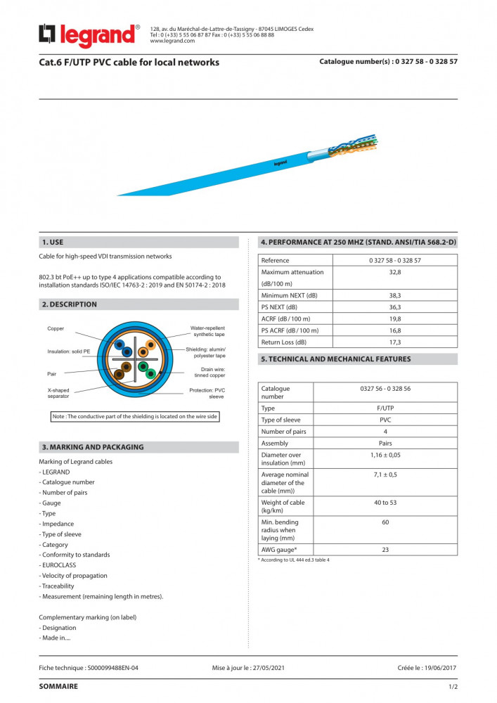 Legrand 032758 cable product document, page 1