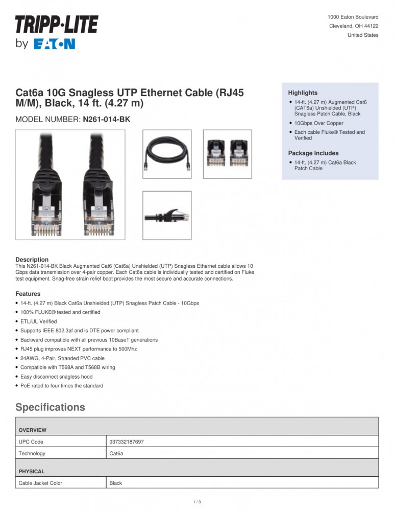 EATON N261-014-BK technical document page 1