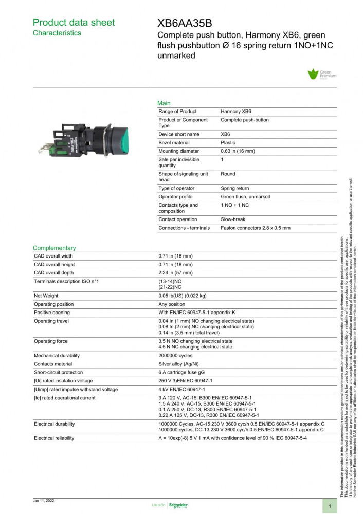 XB6AA35B technical document page 1