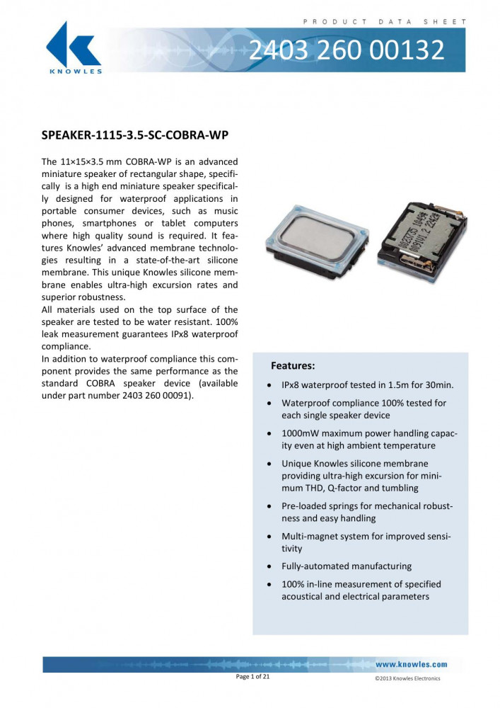 Knowles 2403 260 00132 datasheet page 1
