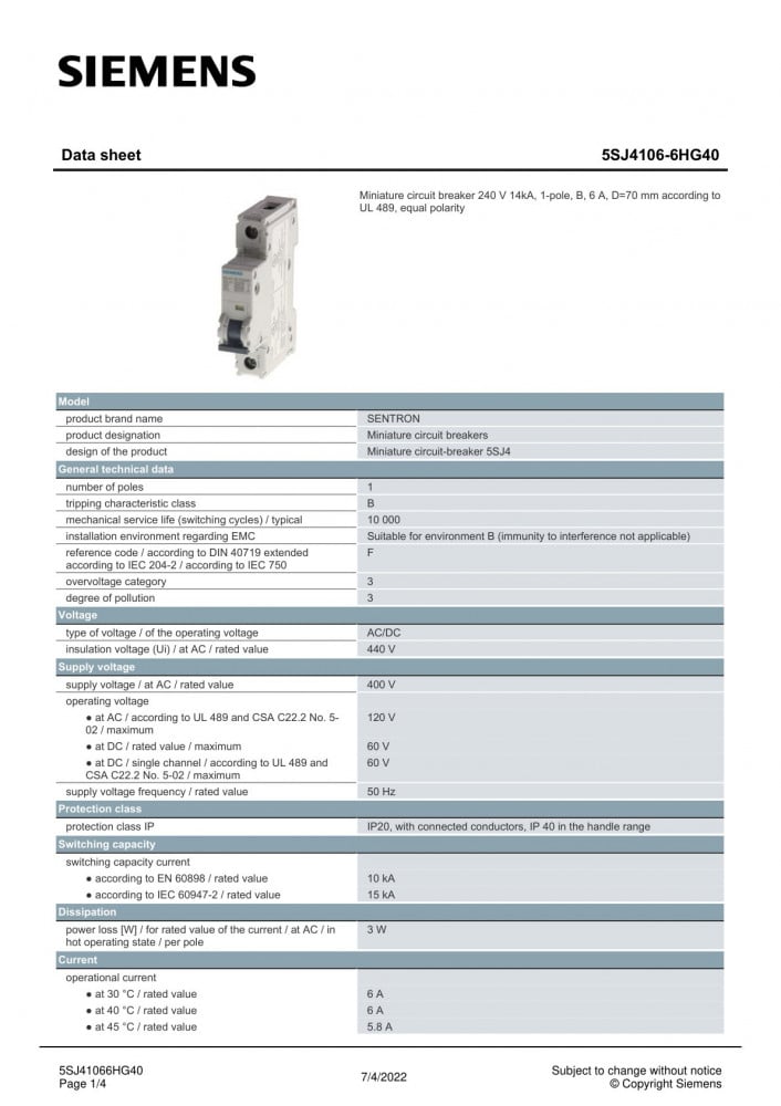 5SJ4106-6HG40 technical document page 1