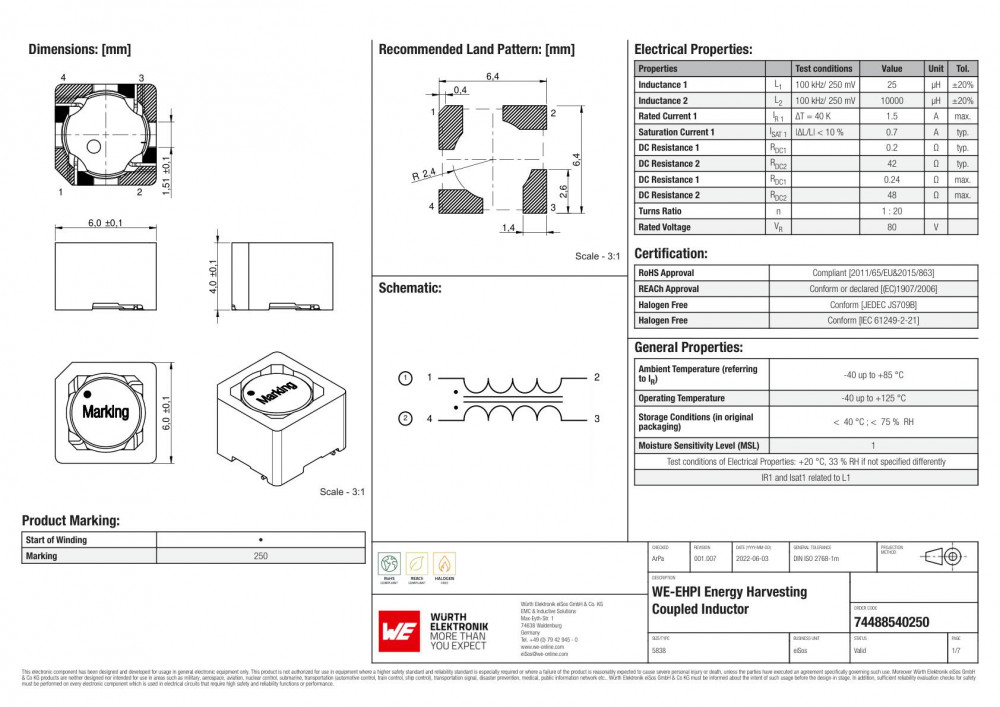 74488540250 datasheet page 1