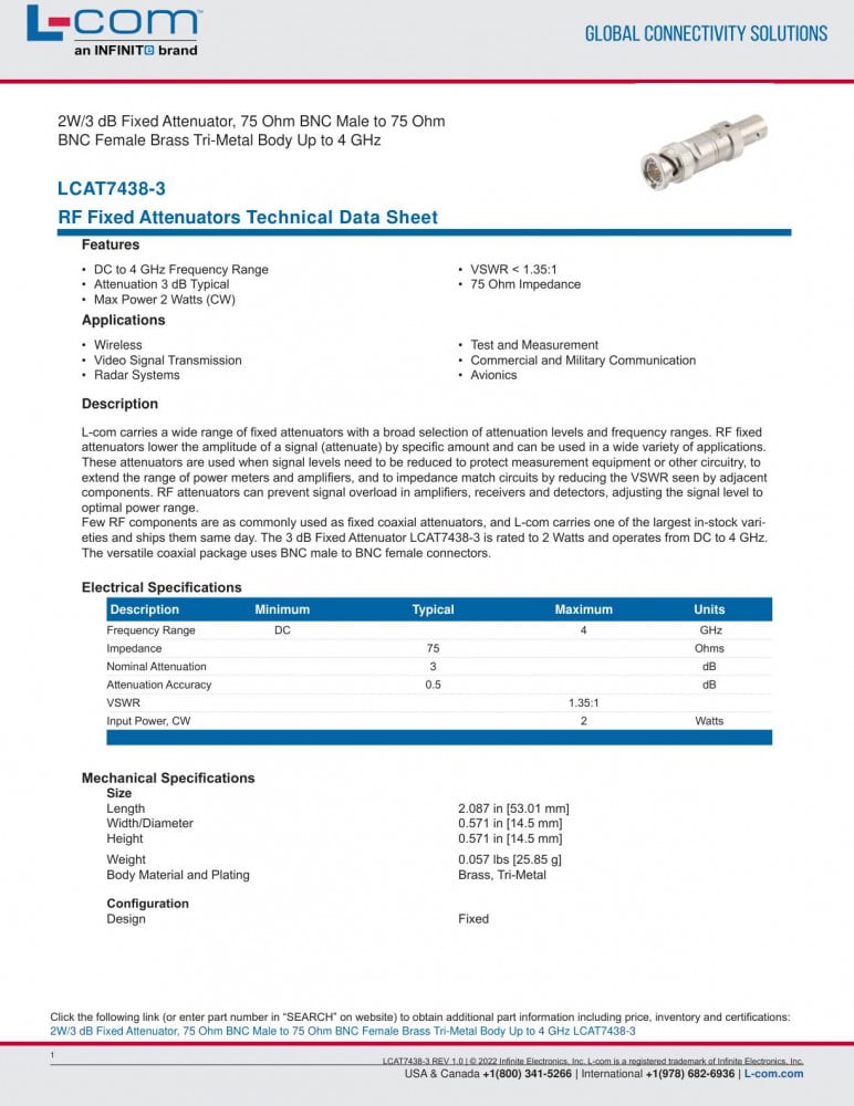 LCAT7438-3 technical datasheet page 1