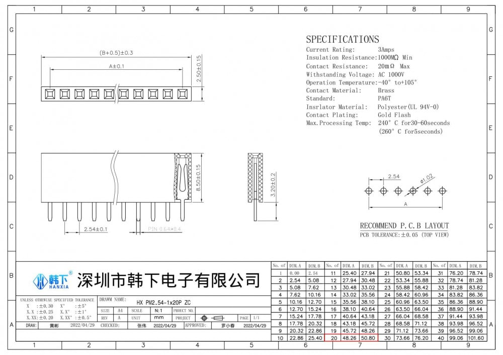 HANXIA HX PM2.54-1x20P ZC product drawing and specification page