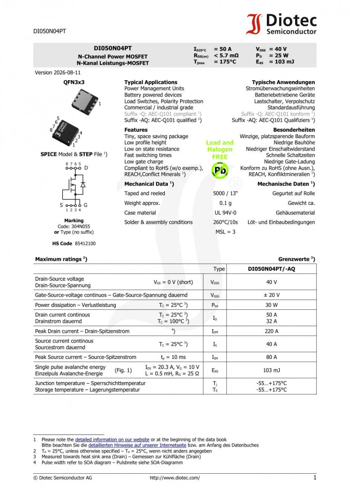 DIOTEC DI050N04PT-AQ datasheet page 1