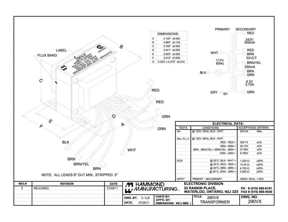 Hammond 290VX transformer technical drawing