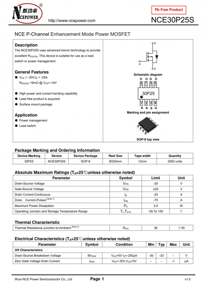 NCE30P25S datasheet page 1