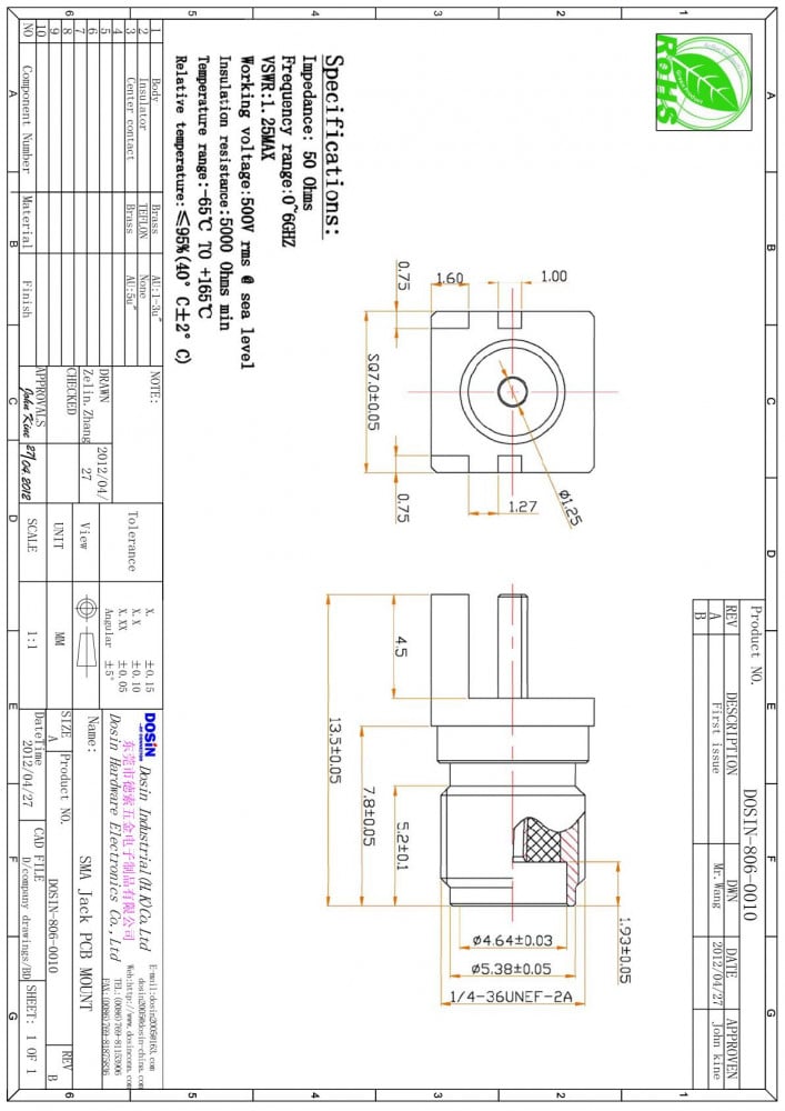 DOSIN-806-0010 manufacturer drawing page