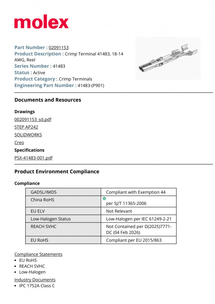 MOLEX 41483 specification, page 1