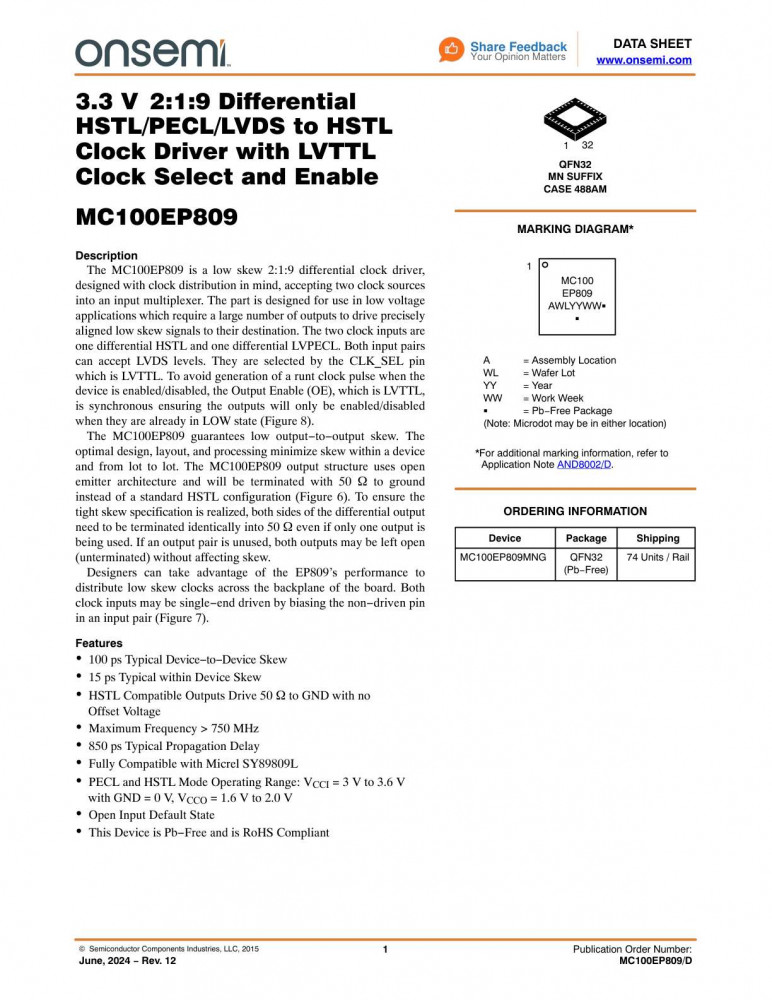 MC100EP809 datasheet preview, page 1