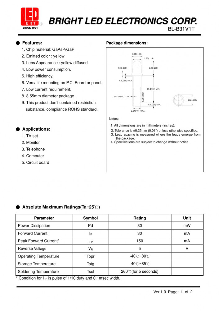 BL-B31V1T datasheet page 1