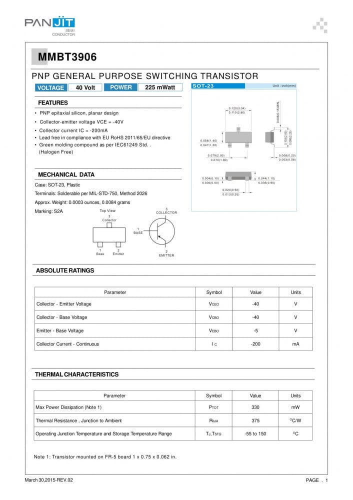 PANJIT MMBT3906 datasheet page 1